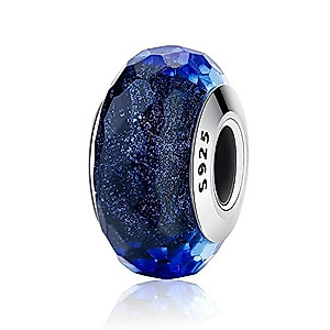 BOLENVI Sapphire Galaxy Blue Murano Glass 925 Sterling Silver Dangle Pendant Charm Bead For Pandora & Similar Charm Bracelets or Necklaces