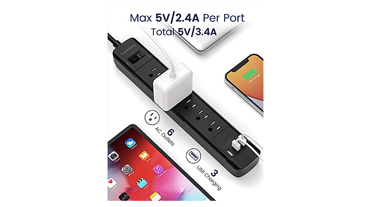 SUPERDANNY Power Strip with USB - 6 Outlets & Surge Protection