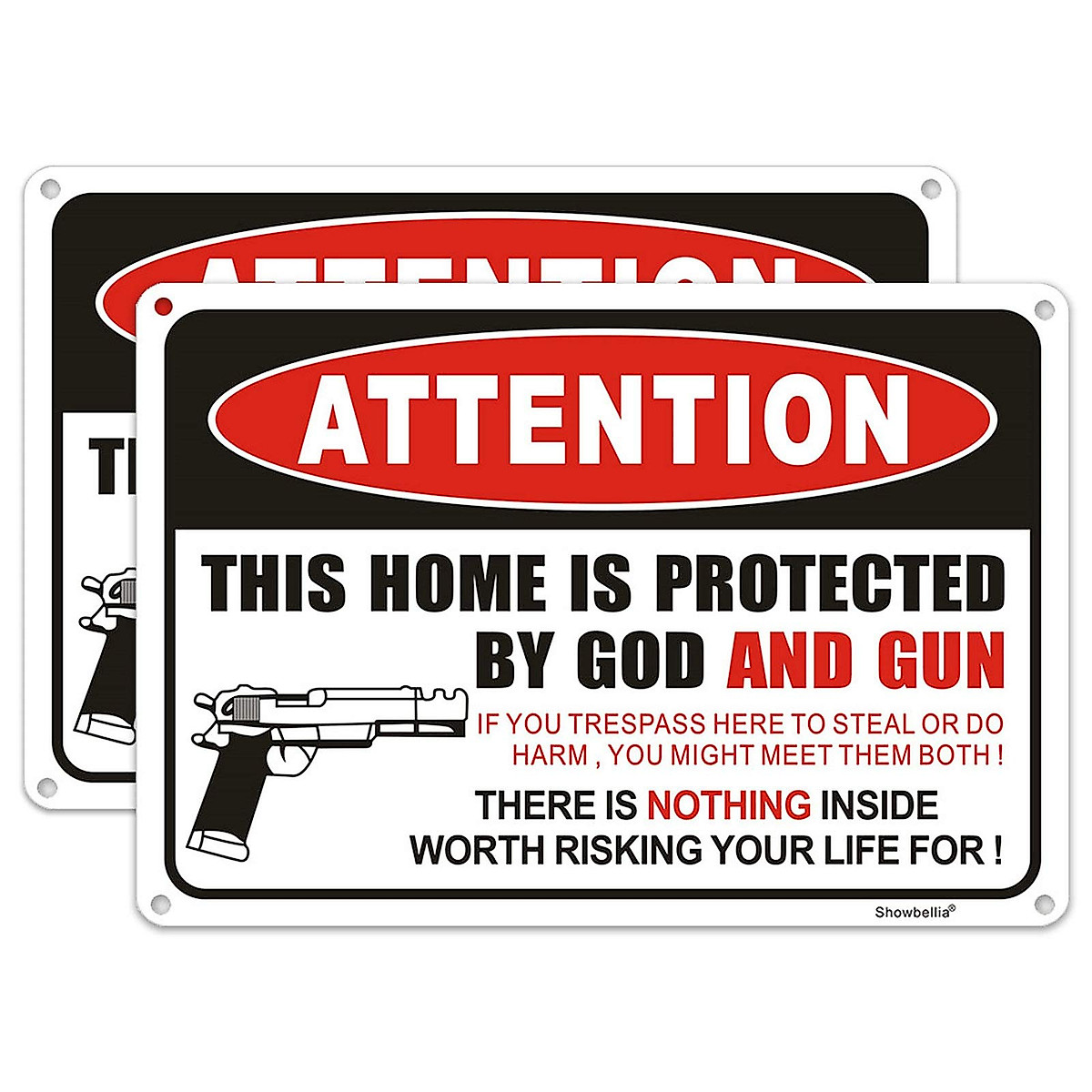 Showbellia 2 Pack Gun Signs This Home is Protected By GOD and Gun Rust Free Aluminum, Weather/Fade Resistant, Easy Mounting, Indoor/Outdoor Use Metal Gun Sign (10"x 7") inches