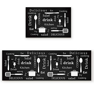 LooPoP Kitchen Rugs and Mats Sets of 2 Knife and Fork Non-Slip Rubber Backing Area Rugs Washable Runner Carpets for Floor, Kitchen Kitchen Utensils Text on Black Background 15.7x23.6+15.7x47.2inch