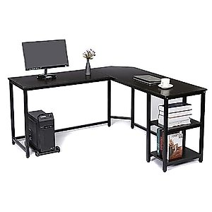 ENGERIO Reversible L Shaped Desk Computer Table with Storage Shelves, Home Office Desk Corner Desk Modern Simple Writing Study Table Gaming Table Workstation with CPU Power Tray Stand (Black)