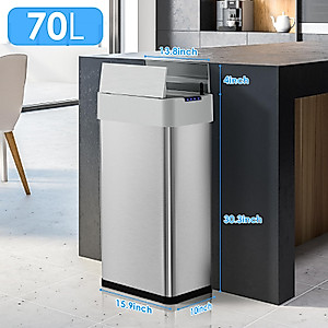 Arlopu 18.5 Gal Automatic Trash Can, 70L Stainless Steel Motion Sensor Garbage Bin, Touchless Brushed Wastebasket, W/Butterfly, Soft-Close Lid, for Living, Dinning Room, Kitchen (Silver)