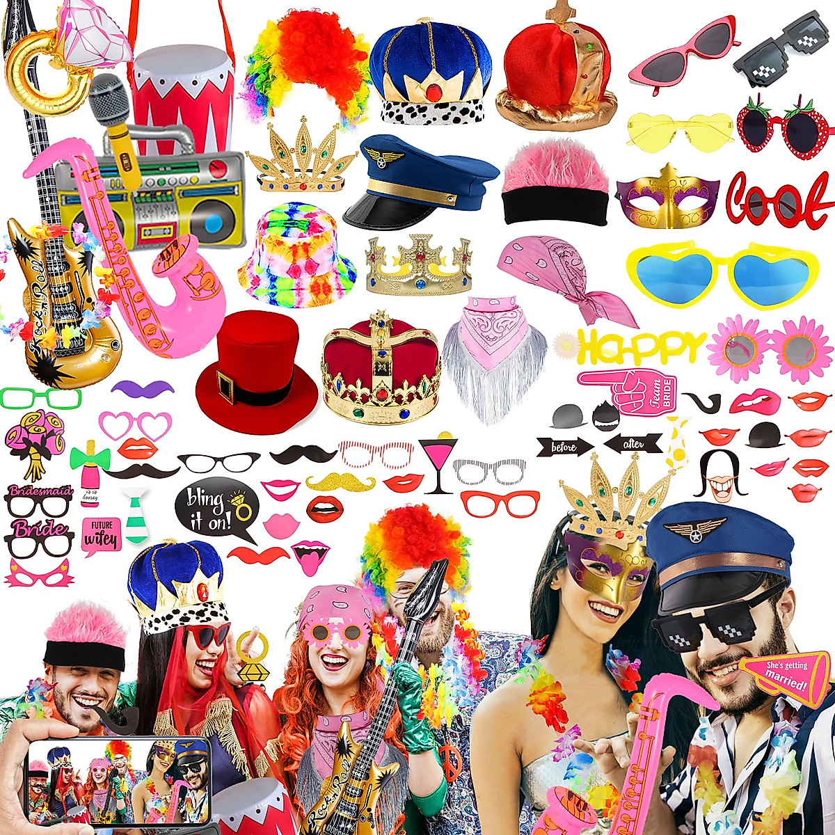Bulk Opulent Photo Booth Props Set for Adult, Novelty Funny Hats and Glasses, Colorful Wig, Inflatable, Phtot Booth Props Kit for Graduation, Wedding, Birthday, Bachelorette and All Occasions