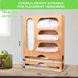 Kitchen Foil and Plastic Wrap Organizer, Bamboo Ziplock Bag Storage Organizer, Wrap Dispenser with Cutter，Compatible with Gallon, Quart, Sandwich and Snack Variety Size Bag