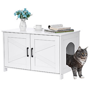 Homhedy Cat Litter Box Enclosure,Litter Box Furniture Hidden with Barn Door,Wooden Cat Washroom Furniture,Cat House,Fit Most of Litter Box,White