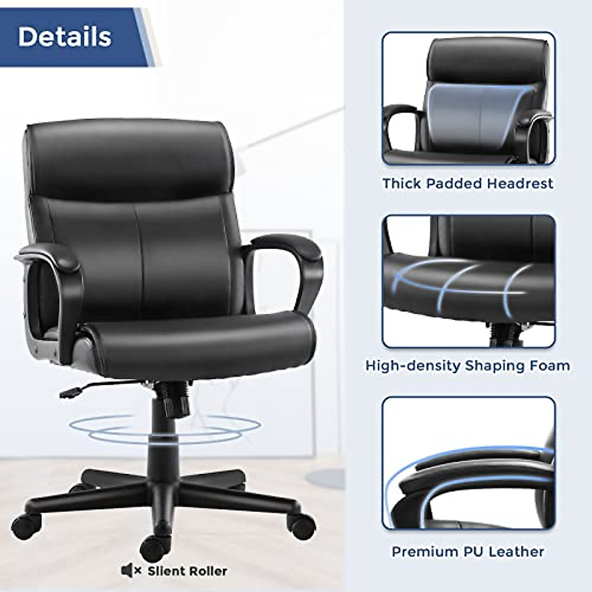 Office Chair Mid Back Desk Chair Adjustable High Ergonomic Computer Chair Soft Armrests PU Leather Chair with Lumbar Support Study Chair