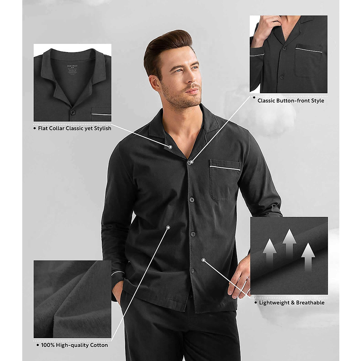 DAVID ARCHY Mens Pajamas Set Soft Cotton Notched Collar Pajamas for Men Long Sleeve Mens Sleepwear with Pockets & Front Fly (M, Black)