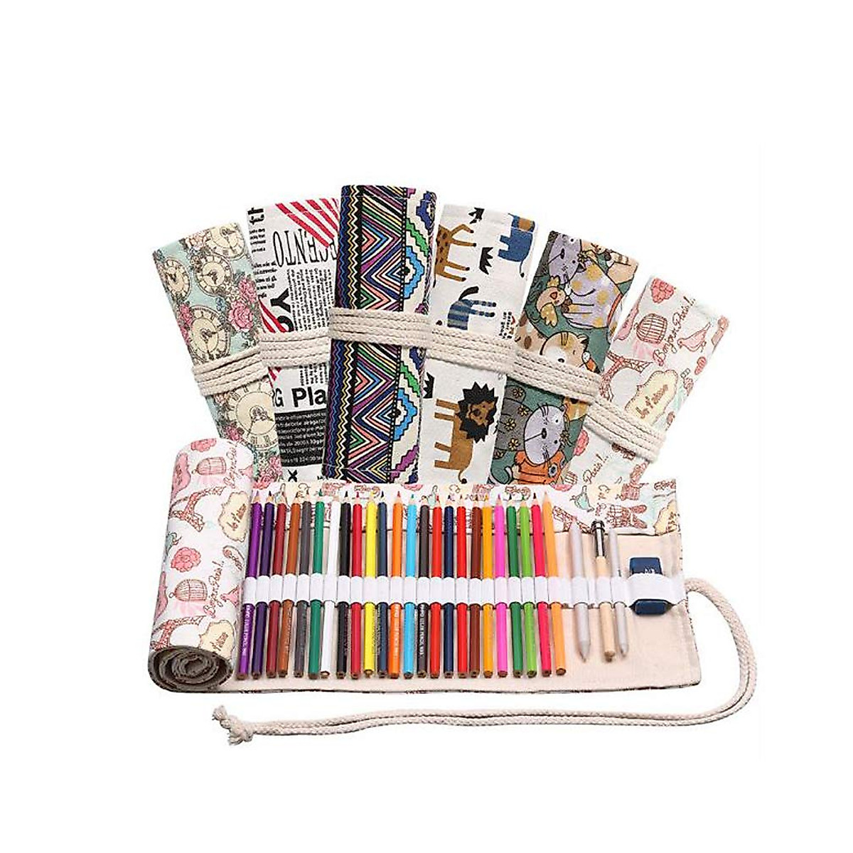 Flyusa FZBNSRKO Canvas Pencil Wrap,Colored Pencil Roll Up Wrap Travel Drawing Coloring Pencil Holder Organizers with 48 Slots for Student Artist Adult(Black)