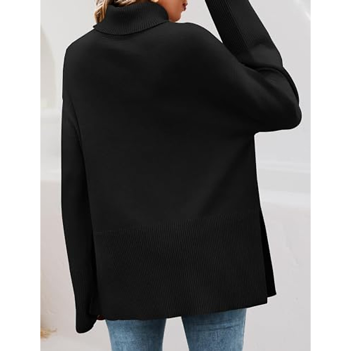 ZESICA Women's Turtleneck Sweaters Fall Winter Long Sleeve Oversized Split Hem Knitted Pullover Jumper Sweater Tops,Black,Large