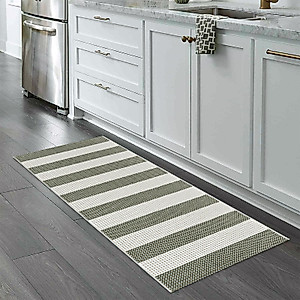 Sungea Boho Striped Front Door Mat Outside Entrance 2x4.3,Green and White Washable Porch Rug Runner,Cotton Hand Woven Indoor Outdoor Rugs,Foldable Farmhouse Layered Door Mats for Entryway