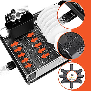 IARTOPS Dish Drying Rack, Dish Rack for Kitchen Counter, Expandable Stainless Steel Dish Strainer with Drainboard, Large Capacity Dish Drainer with Glass Holder, Utensil Holder