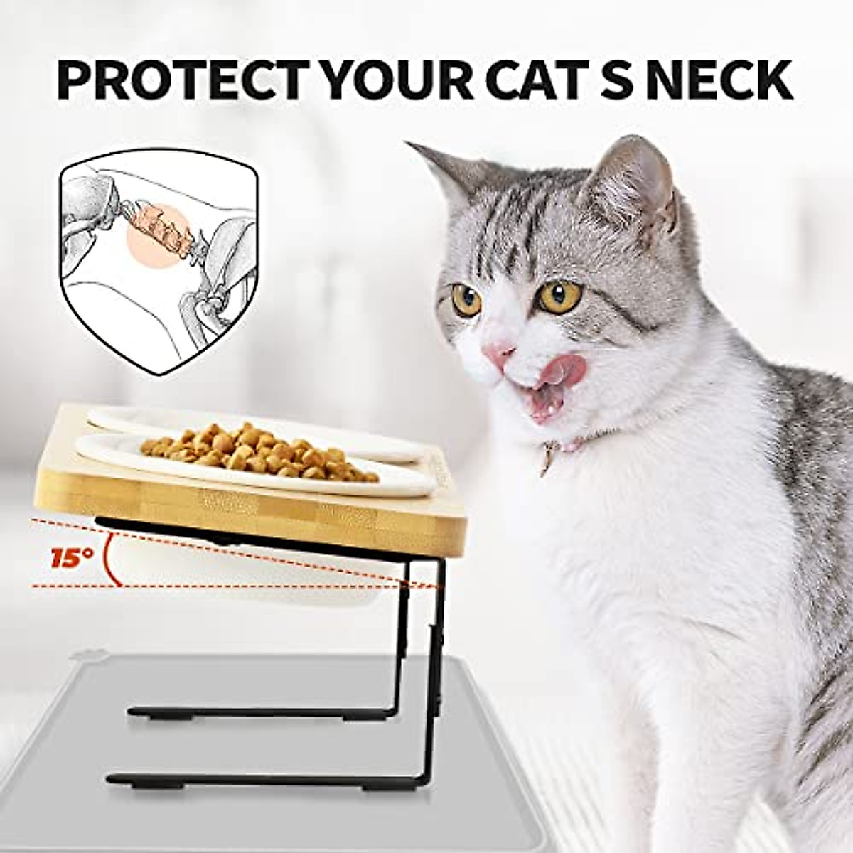 PEJOYT Elevated Cat Ceramic Bowls - Adjustable Tilted Bamboo Raised Dog Bowls for Small Dogs Pet Food and Water Dish Feeder with Stand