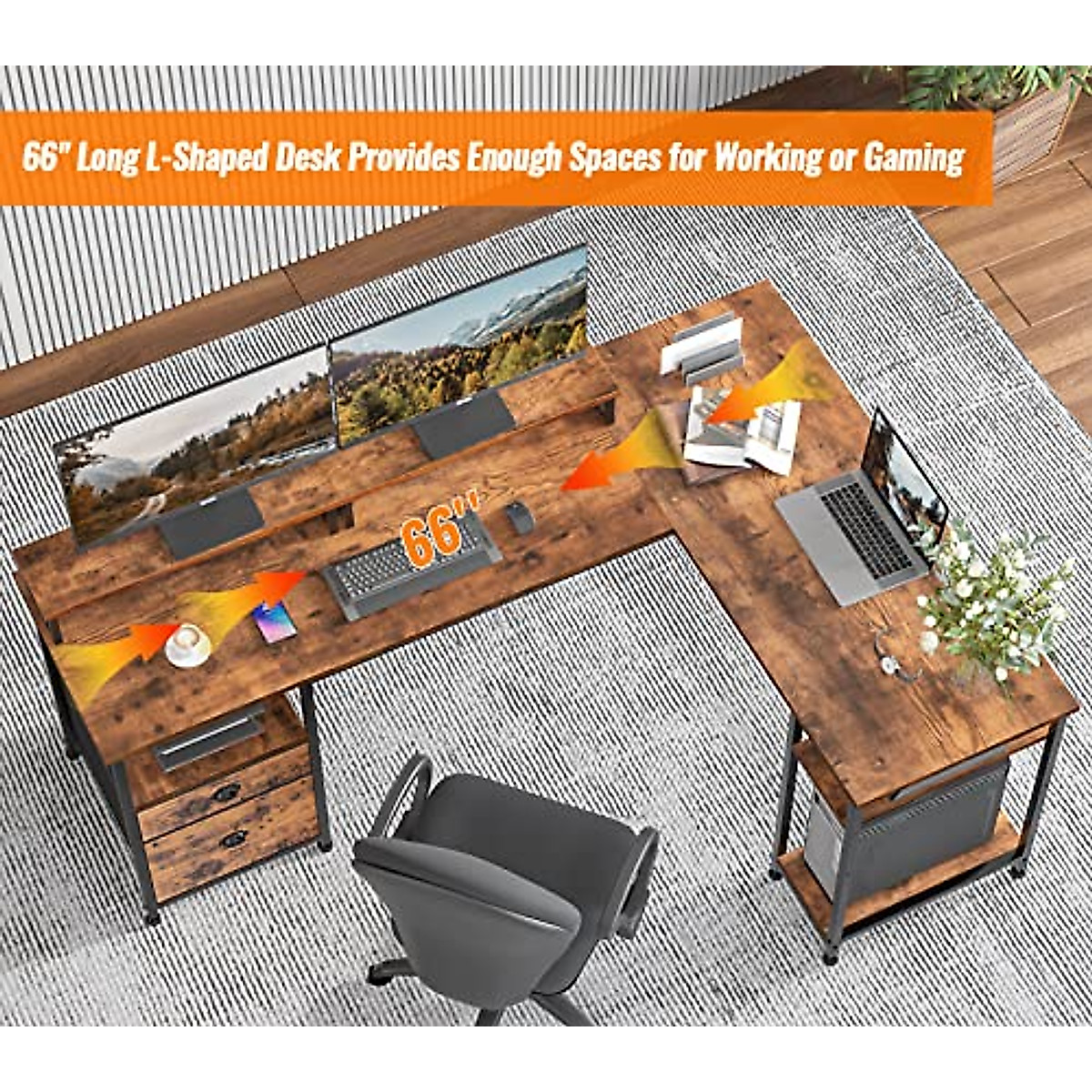 Furologee 66" L Shaped Computer Desk with Shelves, Corner Gaming Desk with File Drawer and Dual Monitor Stand, Large Home Office Desk Writing Study Table Workstation, Rustic Brown
