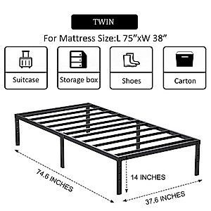 ALDRICH 14 Inch Metal Twin Bed Frame - Single Black Basic Anti Squeak Steel Slats Platform, Easy Assembly Heavy Duty Noise Free Bedframes, No Box Spring Needed