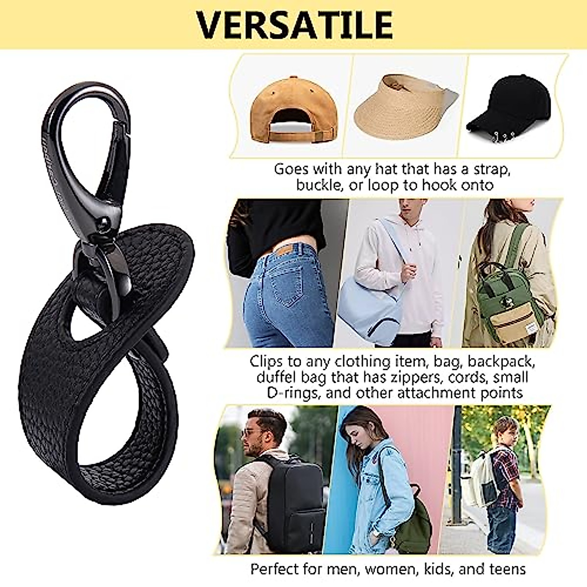 BAREFOOT CARIBOU Hat Clip for Travel, Mouse Ear Holder for Backpack, Bag and Purse, Hands-Free Clip-on Holder Strap for Baseball, Snapback, Ponytail Caps and Mouse Ears(Black)