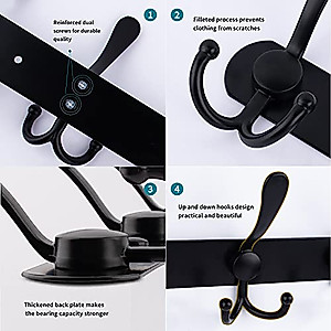 Qihtldsy Coat Rack Wall Mount, Stainless Steel Coat Hooks, 5 Tri Hooks, Heavy Duty Hook Rail for Coat Hat Towel Bag Purse Robes Bedroom Kitchen Bathroom Entryway (Black, 2 Packs)