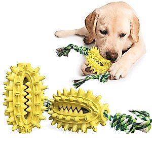Dog Toothbrush Chew Toy, Corn Shaped Chew Toy, Dog Teeth Cleaning Dental Toy with Cotton Rope for Dogs, Puppies and Aggressive Chewers in Aspect of Size: Small Medium Large (Color Yellow)