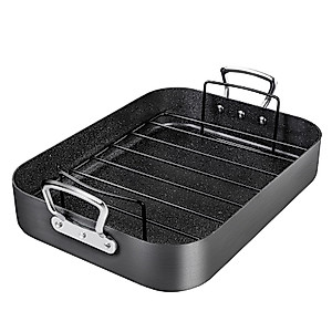 MICHELANGELO Roasting Pan with Rack, Hard Anodized Turkey Roaster Pan, Large Turkey Roasting Pan for Oven, Nonstick Rectangular Roaster Pan with Rack, 16 Inch x 12 Inch