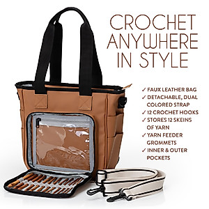 Leather Crochet Bag Backpack - Travel Knitting Bag Project Organizer Totes has Detachable Strap, 12 Wooden Hooks, 12 Skeins of 25g Yarn Storage Pocket & Grommets for Crocheting On the Go