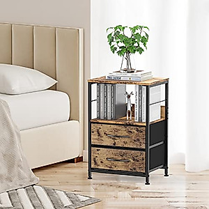YBING Nightstand Bedroom End Table with 2 Drawers and Open Shelf Wood Industrial Bedside Table with Fabric Storage for Bedroom Living Room Sturdy Dorm Brown