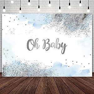 AIBIIN 10x7ft Oh Baby Backdrop for Boys Pastel Watercolor Baby Shower Photography Background Blue Clouds Silver Glitter Baby Shower Party Decorations Cake Table Banner Supplies Photo Studio Props