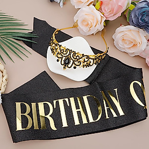 Black Birthday Celebration Set: Sash, Tiara, Headband, and Gold-Accented Decorations for Women