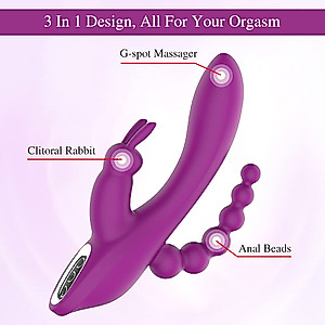 G-Spot Rabbit Anal Dildo Vibrator - 3 in 1 Adorime Adult Sex Toys with 7 Vibrating Modes for Women, Silicone Waterproof Rechargeable Clitoris Vagina Stimulator Massager Sex Things for Solo or Couples