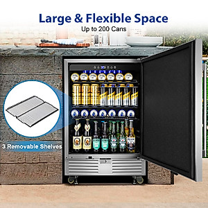 Outdoor Refrigerator with Wheels, 24 Inch Undercounter Beverage Fridge Lockable, 180 Cans Beverage Cooler Durable and Waterproof for Outdoor Kitchen and Patio