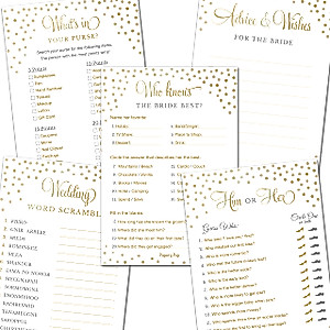 Bridal Shower Games - 5 Activities for 50 Guests - Double Sided Games - Gold Polka Dots