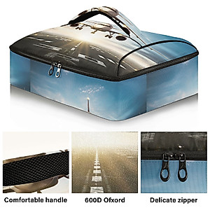 White Aircraft Take Off Runway in Daylight Sunrise Reusable Insulated Pizza Bag, Waterproof Food Delivery Bag, with Handle Lid Leakproof Pizza Holder Tote for Hot or Cold Food