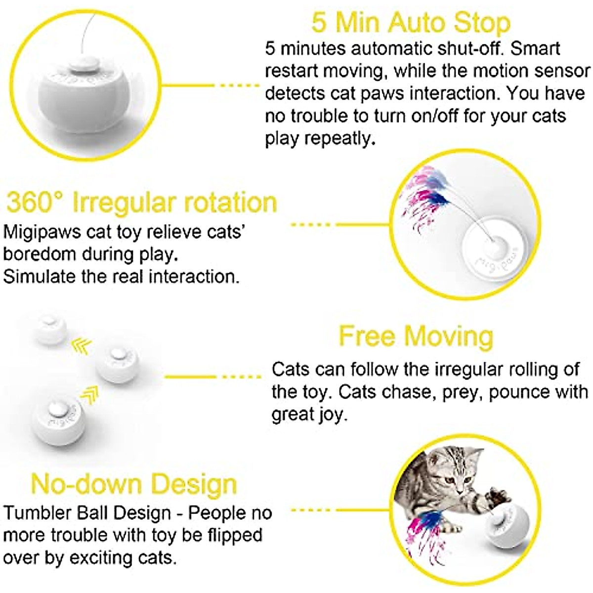 Migipaws Cat Toys Interactive Butterfly Feather Mice Spin with Smart Rolling Ball for Indoor Kittens Self Play Automatic Sensing Kitty Teaser Wand 3 Refills