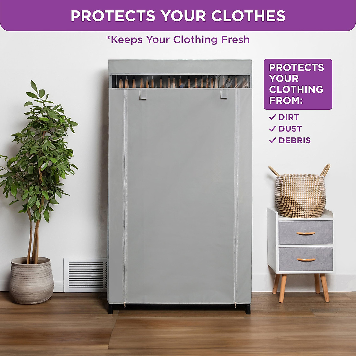 HOLDN’ STORAGE Portable Wardrobe Closet - Premium Metal Hanging Rod with Beige Cover- 65 Lb. Weight Capacity- Super Easy Assembly, No Tools Required (Dark Gray)