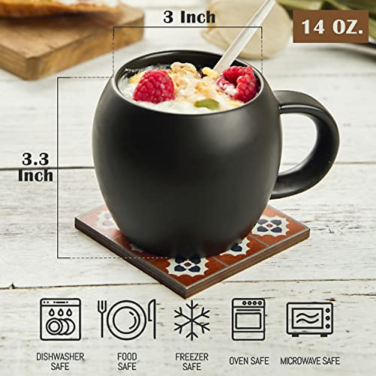 LYEOBOH Coffee Mugs Set Porcelain Coffee Cups,14 OZ Coffee Mugs Ceramic Tea Mug for Hot Cocoa, Diner, Ceramic Large Latte Mug Set of 4, Matte Black