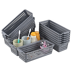 Hayixia Gray Plastic Slim Storage Basket, Small Shelf Organizer Basket Tray, Set of 12