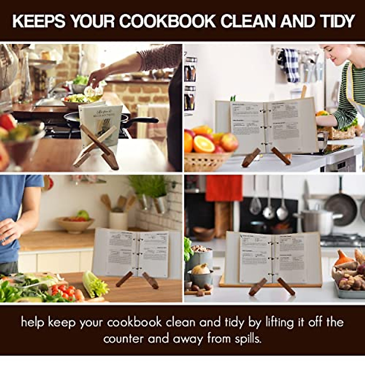 Acacia Cookbook Stand, Beautiful Cookbook Holder, Convenient Book Stand, Recipe Book Holder for countertops and Cook Book Stand for Kitchen Hands-Free Cooking, Cookbook Stand for Kitchen Counter