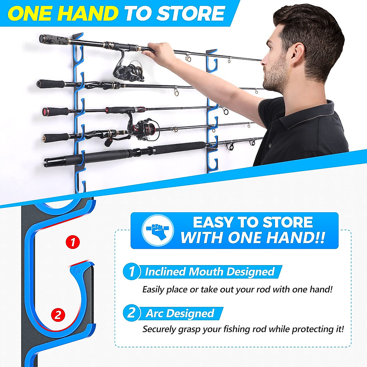 PLUSINNO H5 Horizontal Fishing Rod/Pole Holders for Garage, Wall or Ceiling Mounted Fishing Rod Rack, Aviation Aluminum Fishing Pole Holder Holds up to 5 Rod or Combos or Nets Storage Racks