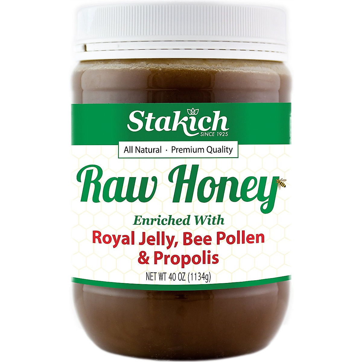 Stakich Royal Jelly, Bee Pollen, Propolis Raw Honey - Pure, Unprocessed, Unheated - 40 Ounce