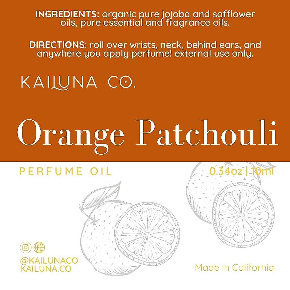 Orange Patchouli Delicious Natural Pure Essential and Fragrance Oil Perfume Roll On with Organic Jojoba Oil, Eau de Toilette, Alcohol Free, Small-Batch, Made in California