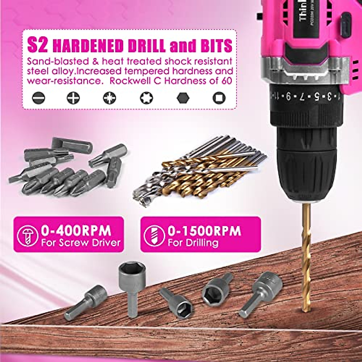 ThinkLearn Tool Kit with 20V Cordless Drill(265in-lbs), Pink Drill Set for Women, Lady's Home Tool Kit for DIY, Daily Repair Tool Set as a Creative Gift with a Large-Capacity Tool Storage Bag
