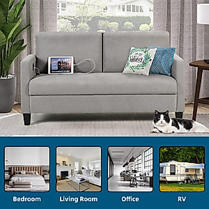 GRACFORCE 57" W Loveseat Sofa Couch w/ 2 USB Charging Ports, Mid Century Modern Fabric Love Seat Furniture for Living Room, 2-Seater Small Couches for Small Spaces, Bedroom, RV (Light Grey)