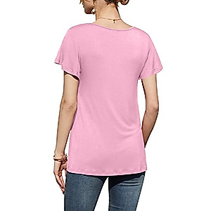 DB MOON Womens 2023 Summer Tops Casual Ruffle Short Sleeve T Shirts Shirred Crewneck Tunic Loose Fit Blouses XL, Pink