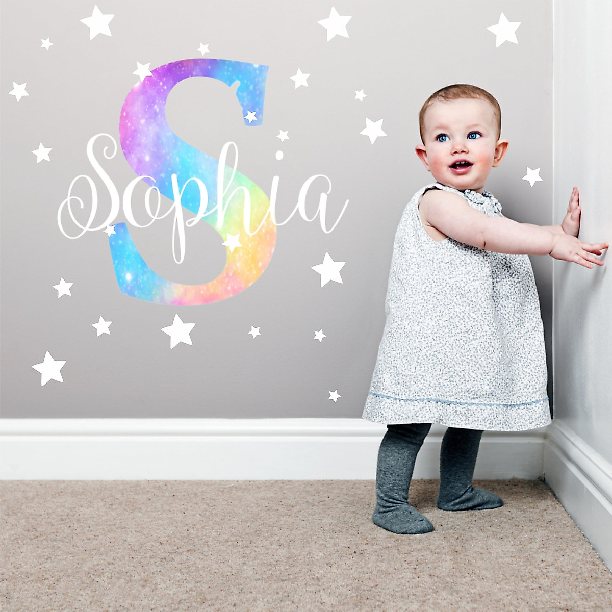Girls Nursery Shimmer Rainbow Printed Initial and Stars Custom Personalized Name and Initial Kids Vinyl Wall Decal, Wall Sticker Decor for Babies (Multi-Size Choices). (Shimmer Rainbow)