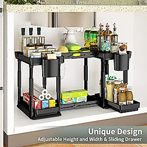 Expandable Under Sink Organizer and Storage 2 Pack, 2 Tier Pull Out Sliding Under Bathroom Cabinet Storage Organizers with Hanging Cups for Bathroom, Kitchen Multi-Purpose, Adjustable Height & Width