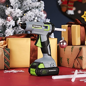WORKPRO 20V Cordless Hot Melt Glue Gun Kit, 2.0 Ah Li-ion Battery Powered Rechargeable Full Size Hot Glue Gun, 45S Fast Preheating, Heavy Duty Wireless Glue Gun with 12 Pcs Glue Sticks for DIY & Craft