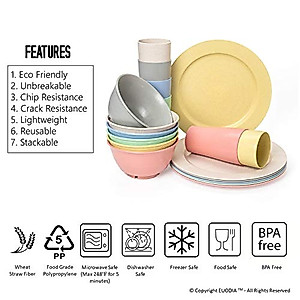 Euodia Wheat Straw Plastic Dinnerware Sets for 6 (Dinner Plates, Bowls & Cups) - Dishwasher & Microwave Safe – Unbreakable Reusable Lightweight Eco Friendly BPA Free – Outdoor Camping Dishes