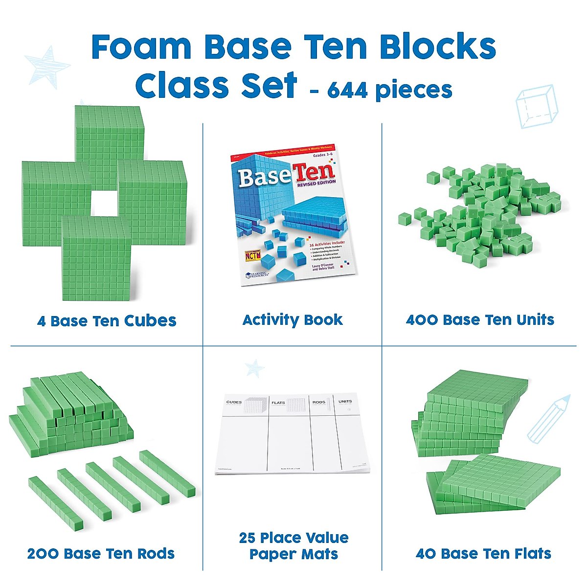 hand2mind Green Foam Base Ten Blocks Complete Set, Place Value Blocks, Counting Cubes for Kids Math, Base Ten Blocks Classroom Set, Math Blocks Kindergarten, Base 10 Math Manipulatives (Set of 644)