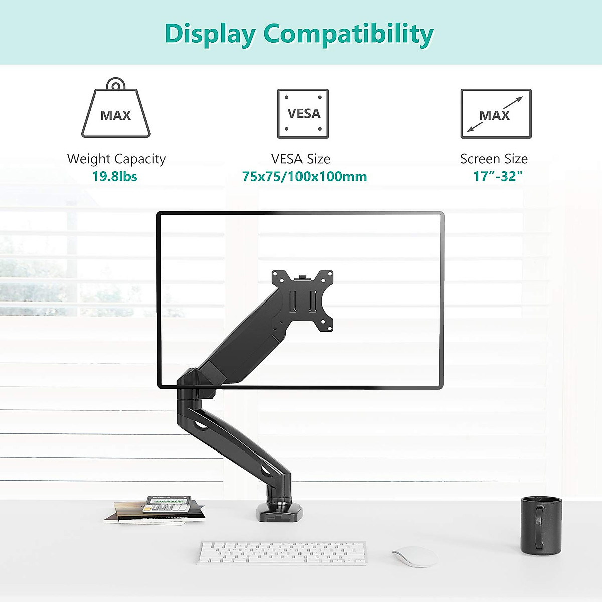 WALI Single Monitor Arm Mount Stand Fully Adjustable Gas Spring Arm Desk Mount Swivel Bracket with C Clamp, Grommet Mounting Base for Display Up to 32 Inch,19.8lbs. Capacity (GSMP001), Matte Black
