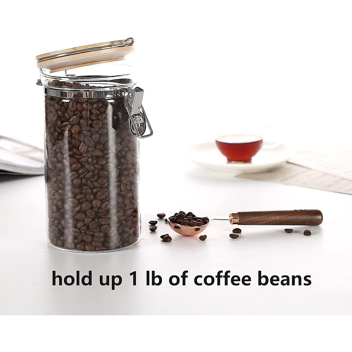 KKC Borosilicate Glass Coffee Bean Storage Container with Airtight Lid,Glass Sealed Jar with Locking Clamp Lid for Coffee Beans,Nuts,Coffee Storage Canister with Spoon for 1 lb Bean,40 Fluid-oz