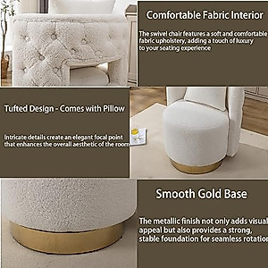 Velvet Vanity Barrel Chair, Modern Curved Tufted Back Office Chair with Gold Metal Base, Upholstered Makeup Stool with Throw Pillow for Living Room, Bedroom, Hotel Accent Leisure Chair (White)