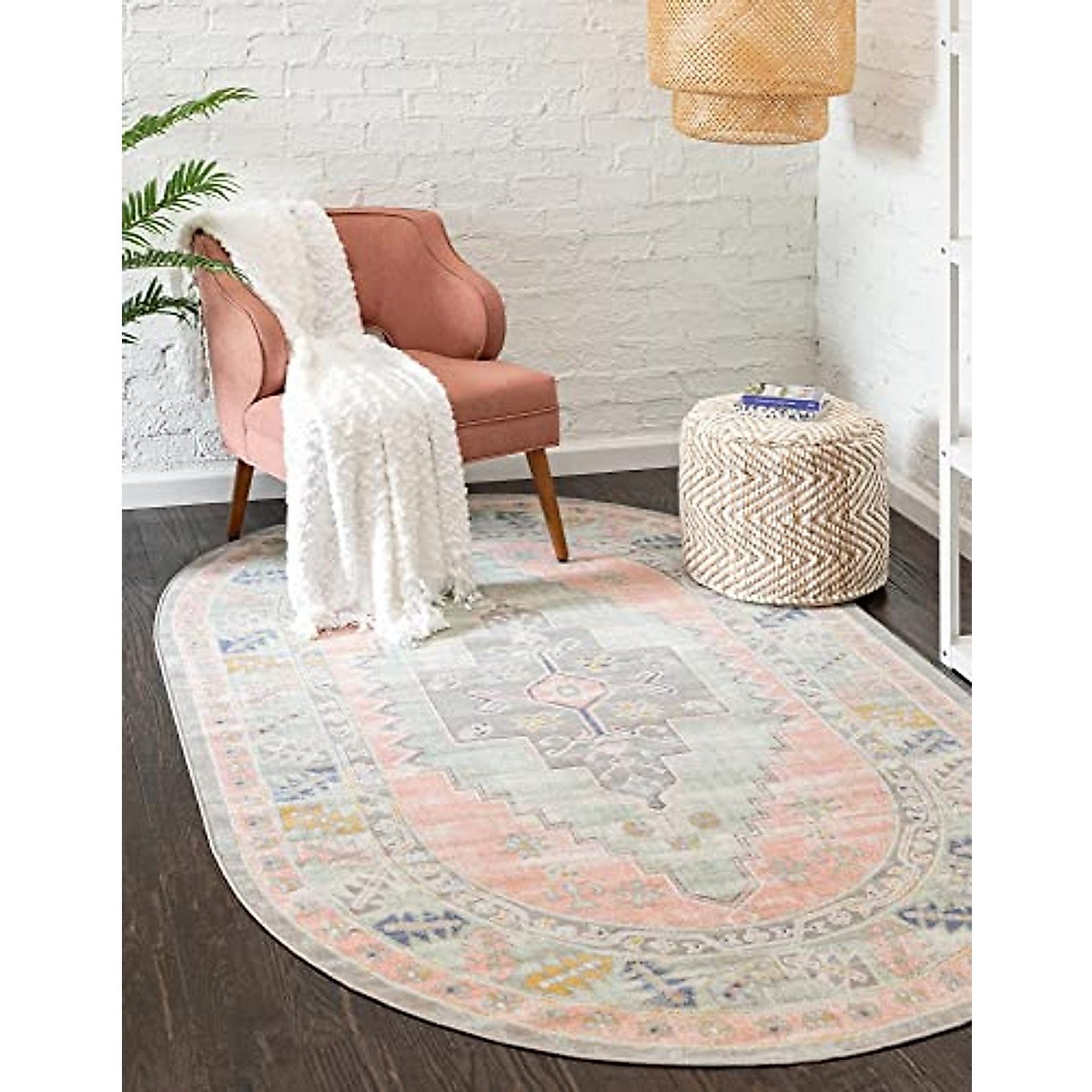 Unique Loom Whitney Collection Southwestern Geometric Area Rug (5' 0 x 8' 0 Oval, Powder Pink)